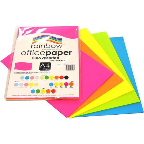 Rainbow A4 Office Paper 75gsm Pack 100 Fluoro Assorted | Skout Office ...