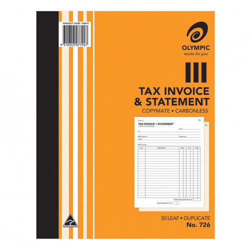 Invoice/Statement Book - Olympic - No. 726 - Duplicate C/less - 10x8 ...