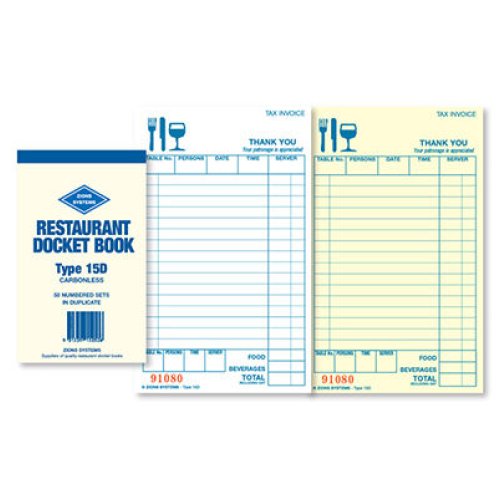 Restaurant Docket Book - Zions - 15D - Duplicate Carbonless - 165x95mm ...