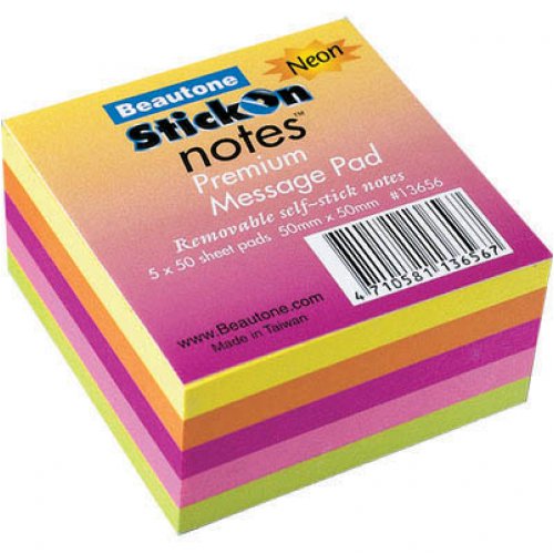 Stick On Notes - Beautone - 50x50mm - Neon - 5 Pack | Skout Office Supplies