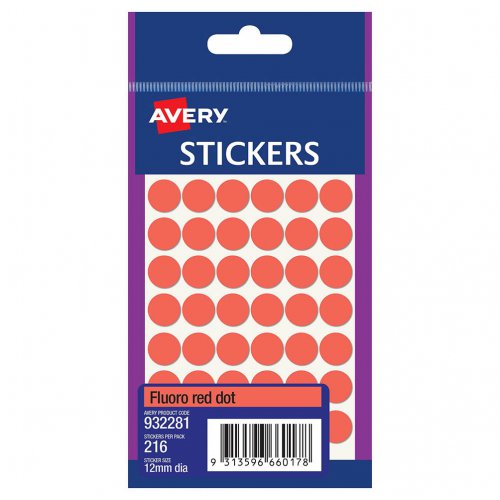 Multi-Purpose Stickers - Avery - Circle - 12mm - Fluro Red - Pack of ...