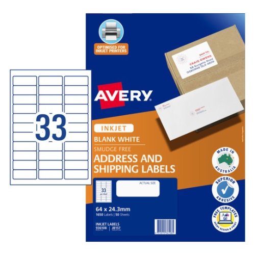 Inkjet Labels Avery J8157 Address 33up 64x24.3mm Pack of 50 | Skout ...