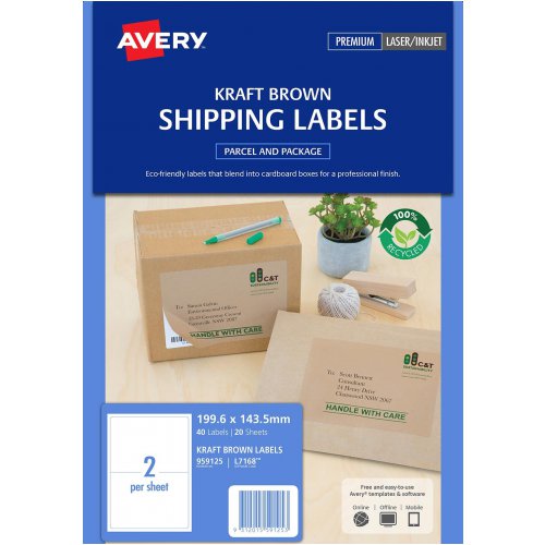 Laser Labels Avery L7168 Brown Kraft 2up 143.5x199.6mm Pack of 20 ...