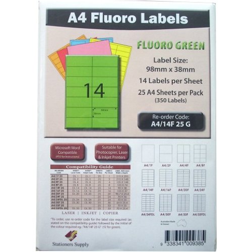 Laser Labels 14up 98x38mm Fluoro Green Pack of 25 | Skout Office Supplies
