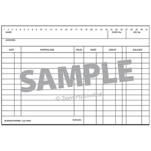 Single Ledger Cards - Zions - 46RW - 6x4 - White Deb/cred/bal - Pack of ...