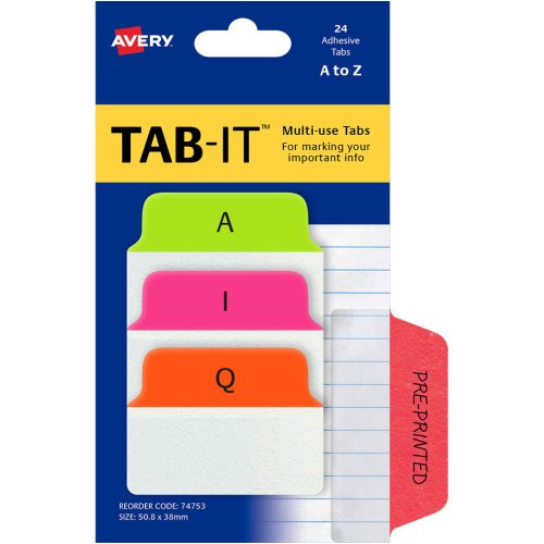 Multi Use Tabs - Avery - 50.8x38mm - Tab-it Alphabet A-Z (Pack of 24 ...