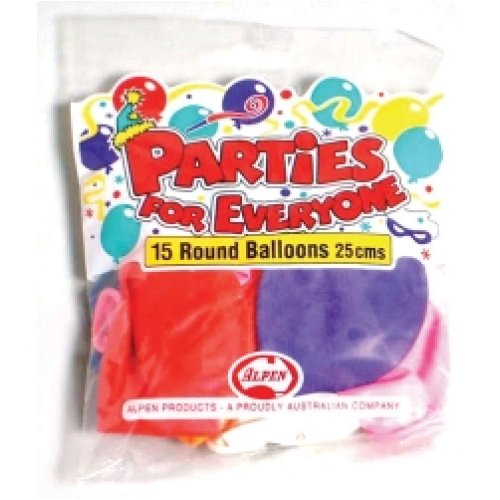 Balloons Alpen 25cm Asst Cols 15's | Skout Office Supplies