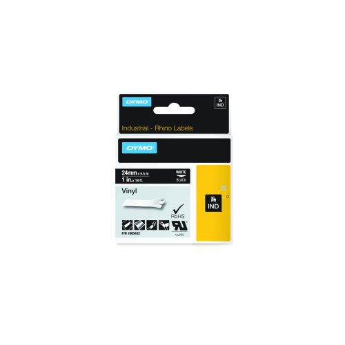 Label Tape Dymo - 24mm x 5.5m Rhino Pro Permanent Polyester - White on Black | Skout Office Supplies