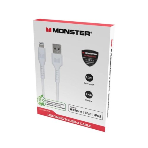 Monster - 1.2M Lightning to USB-A Cable - (White) | Skout Office Supplies