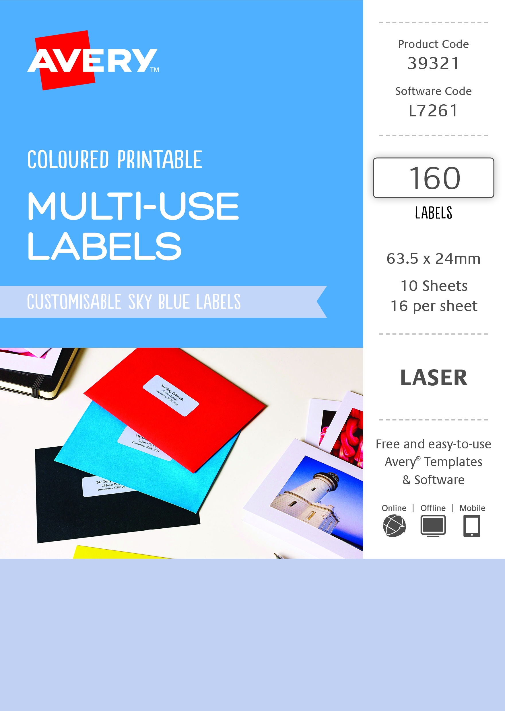 Label Avery L7261 63.5x24mm 16up Sky Blue (Pack of 160) | Skout Office ...