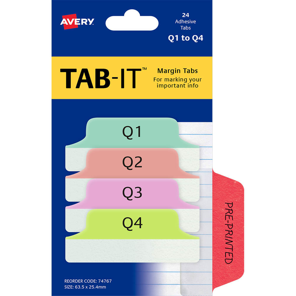 Margin Tabs - Avery - Q1-Q4 - Pastel Blue/Pink/Purple/Green (Pack of 24 ...