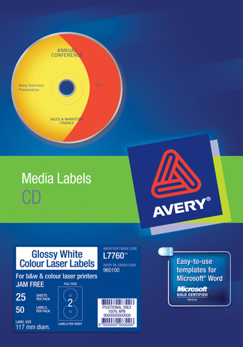 CD/DVD Labels - Avery - L7760 Colour Laser - Gloss - 2UP - Pack of 25 ...